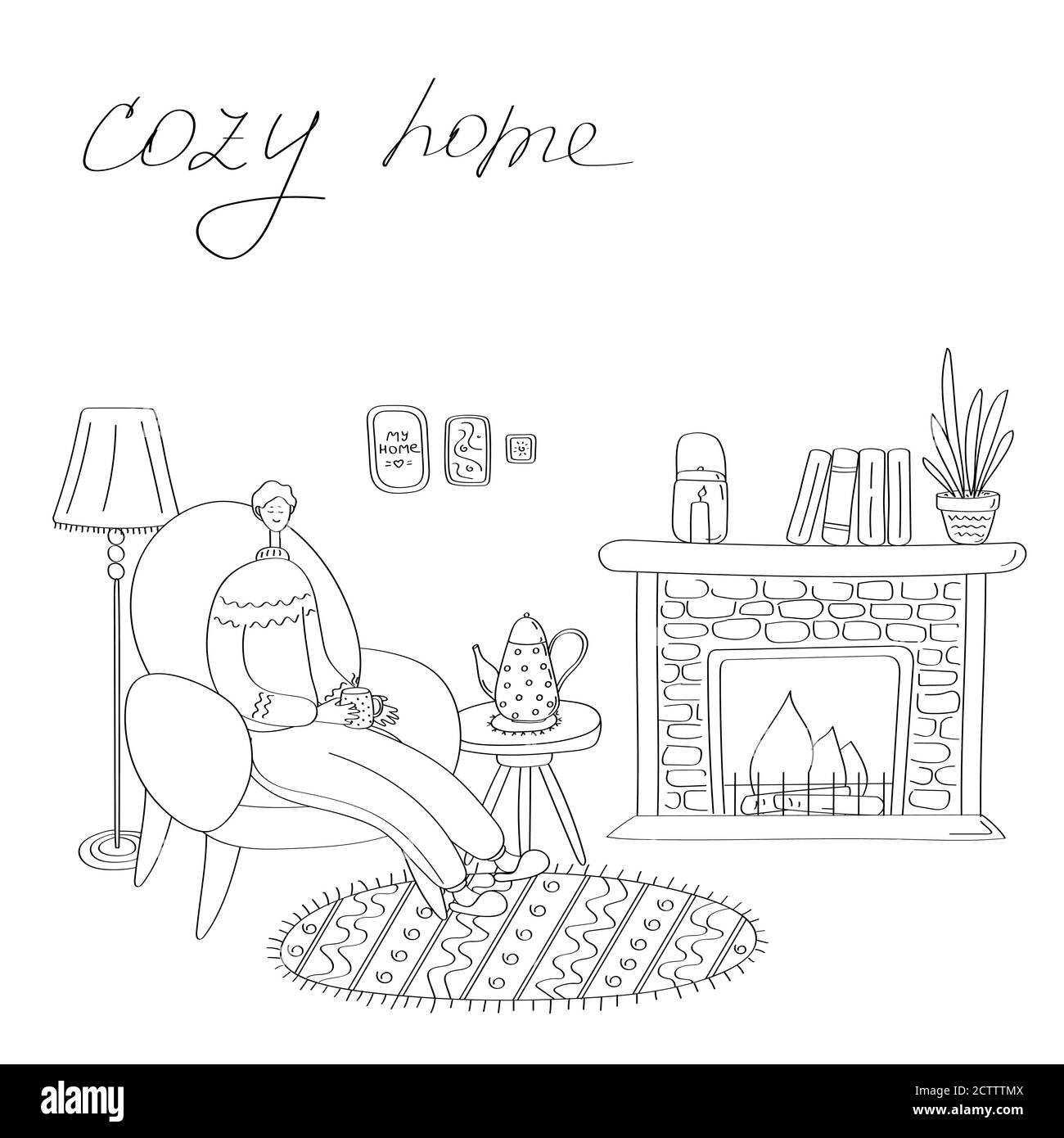 Happy man resting at home. Cozy house with fireplace. Seasonal concept ...