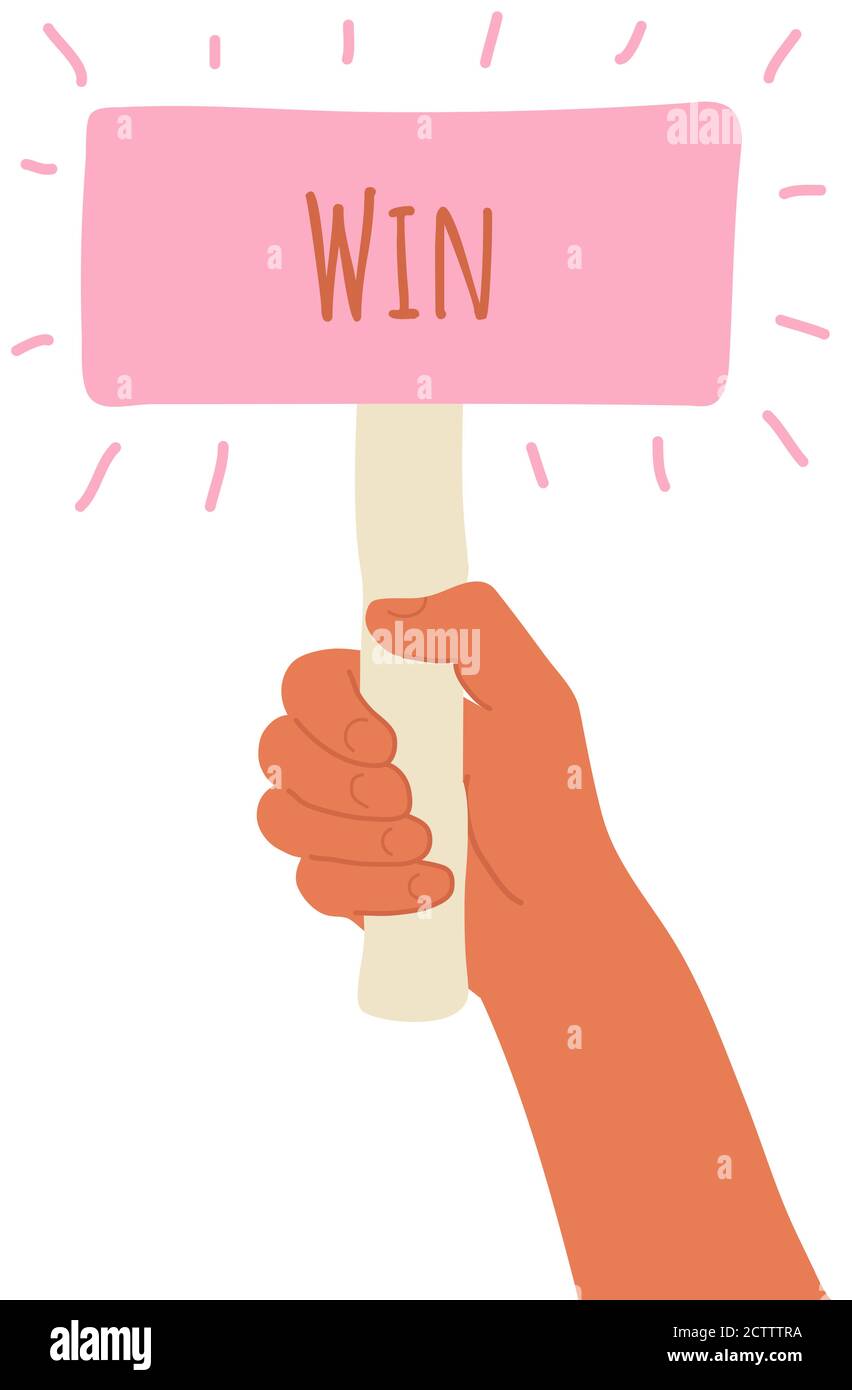 placard in hand. Cartoon vector illustration of Win banner in human ...