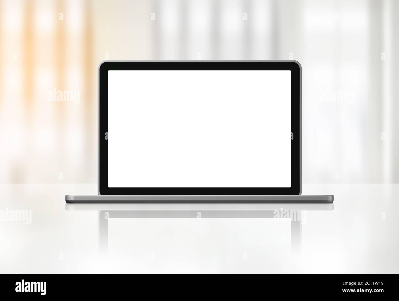3D blank laptop computer isolated on office desk interior background ...