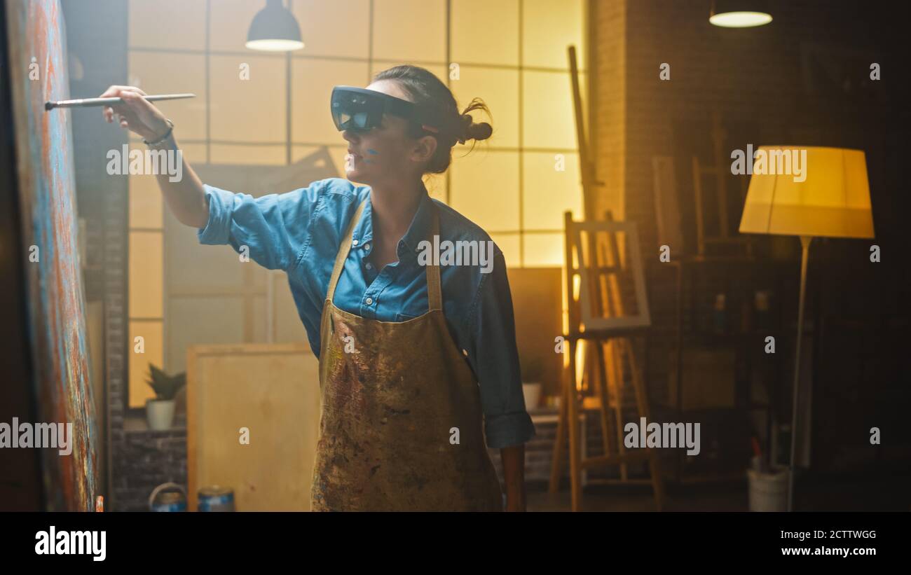Talented Female Artist Wearing Augmented Reality Headset Working on ...