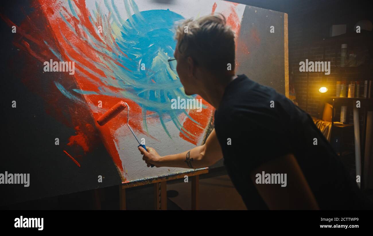 Talented Artist Working on Abstract Painting, Uses Paint Brush To ...