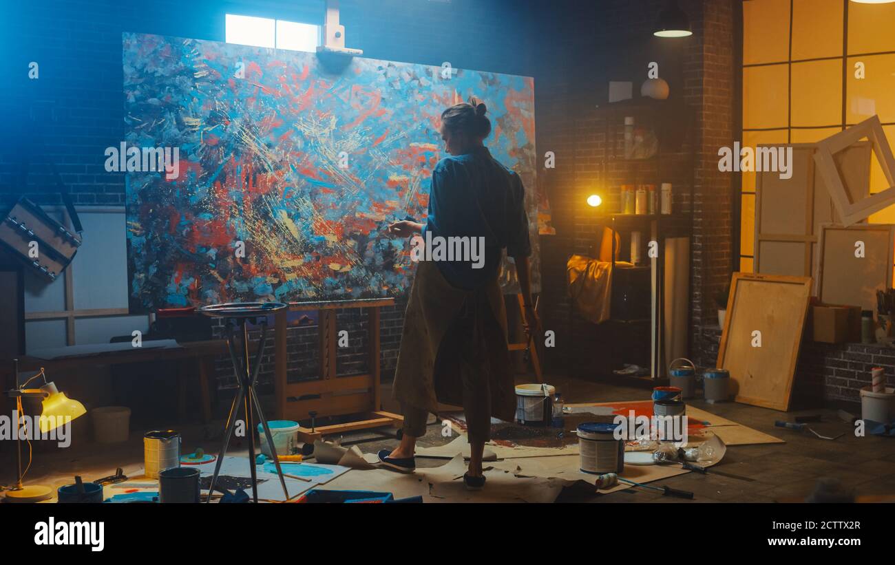Talented Female Artist Works on Abstract Oil Painting, with Broad ...