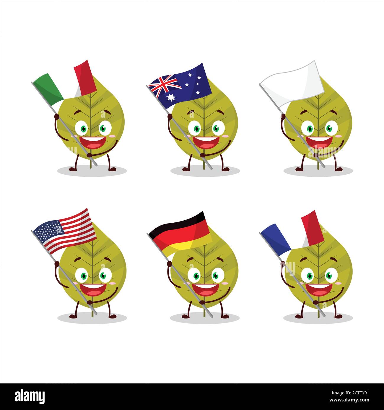 Green leaves cartoon character bring the flags of various countries ...