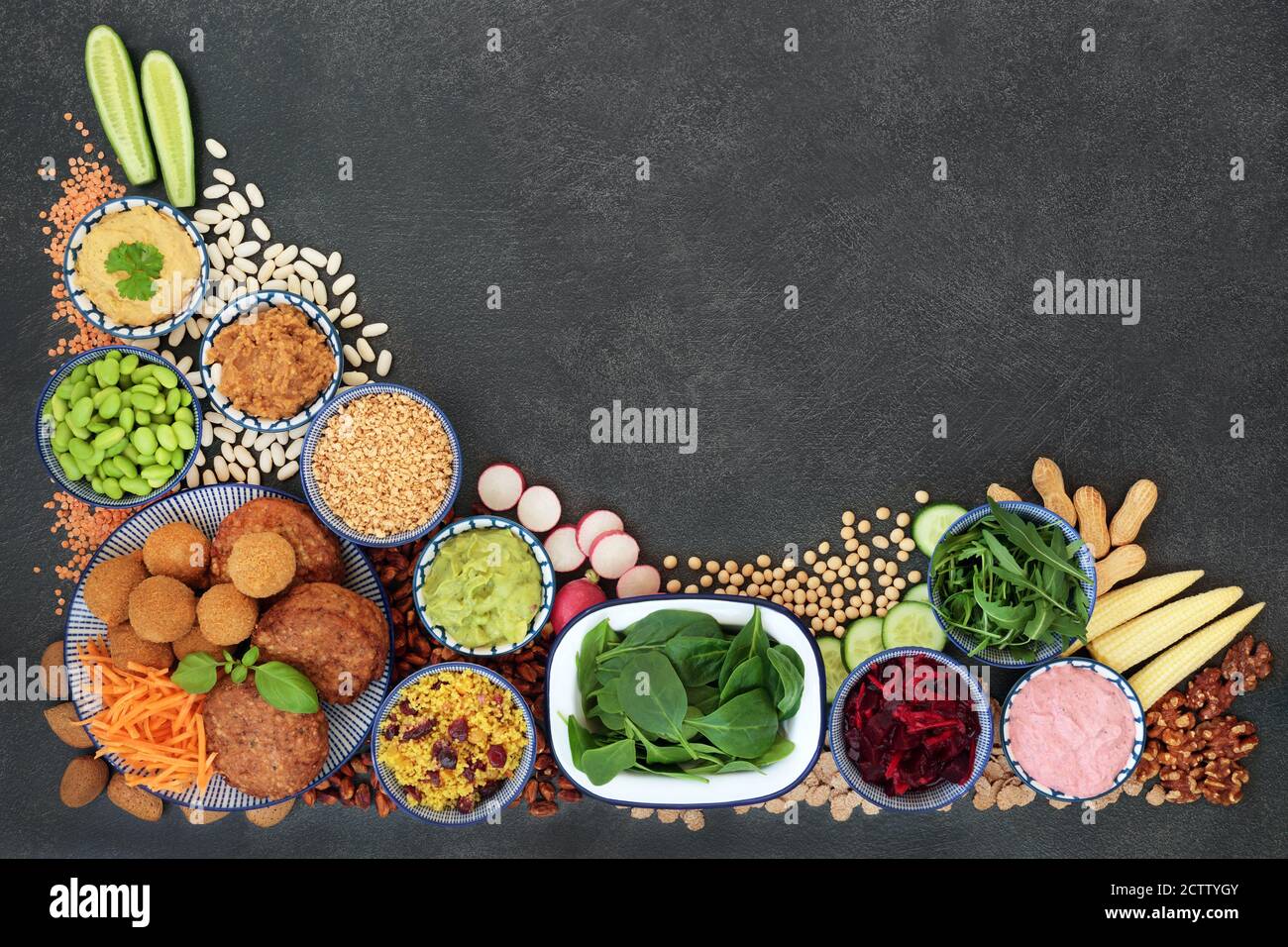 Vegan health food background border with immune boosting foods high in ...