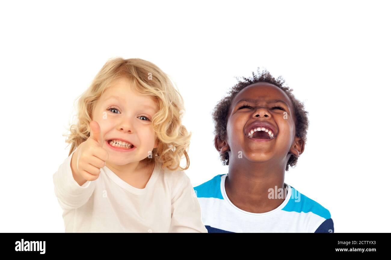 Two funny children laughing isolated on a white background Stock Photo ...