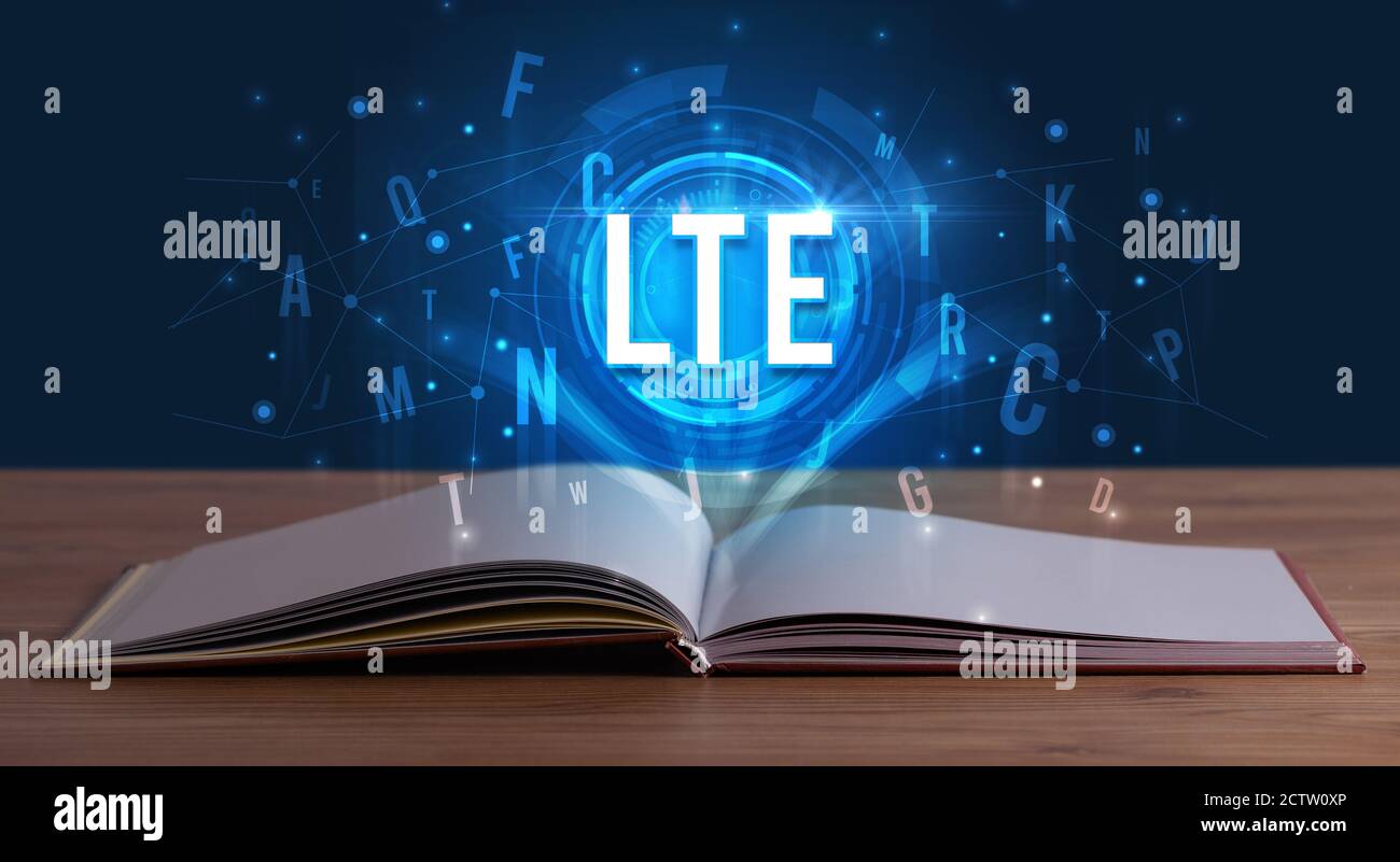 LTE inscription coming out from an open book, digital technology ...