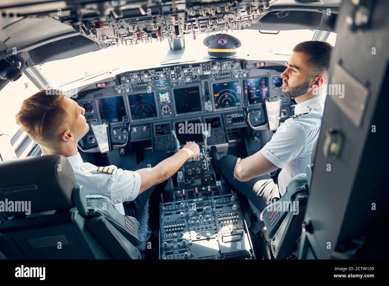 The pilots of aircraft prepares for landing at the airport Stock Photo ...