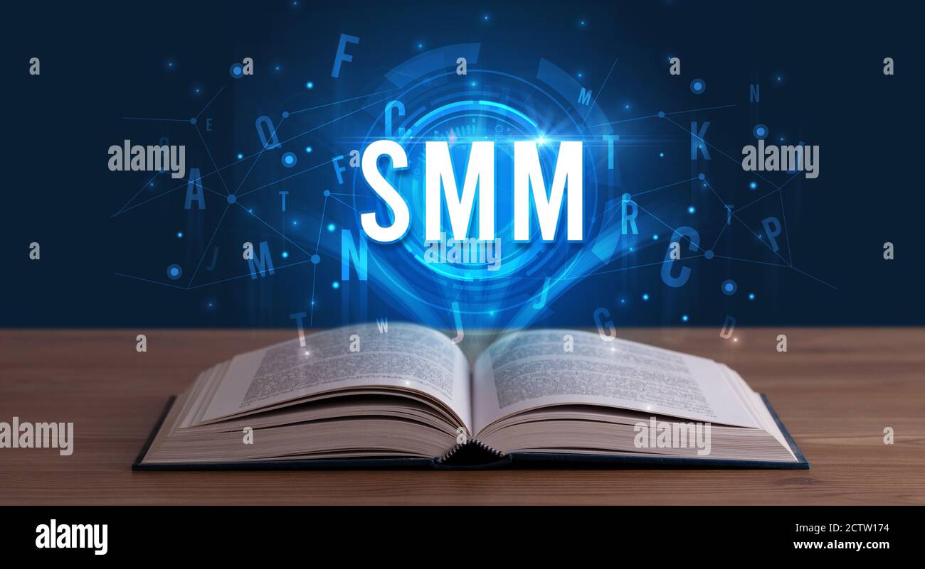 SMM inscription coming out from an open book, digital technology ...