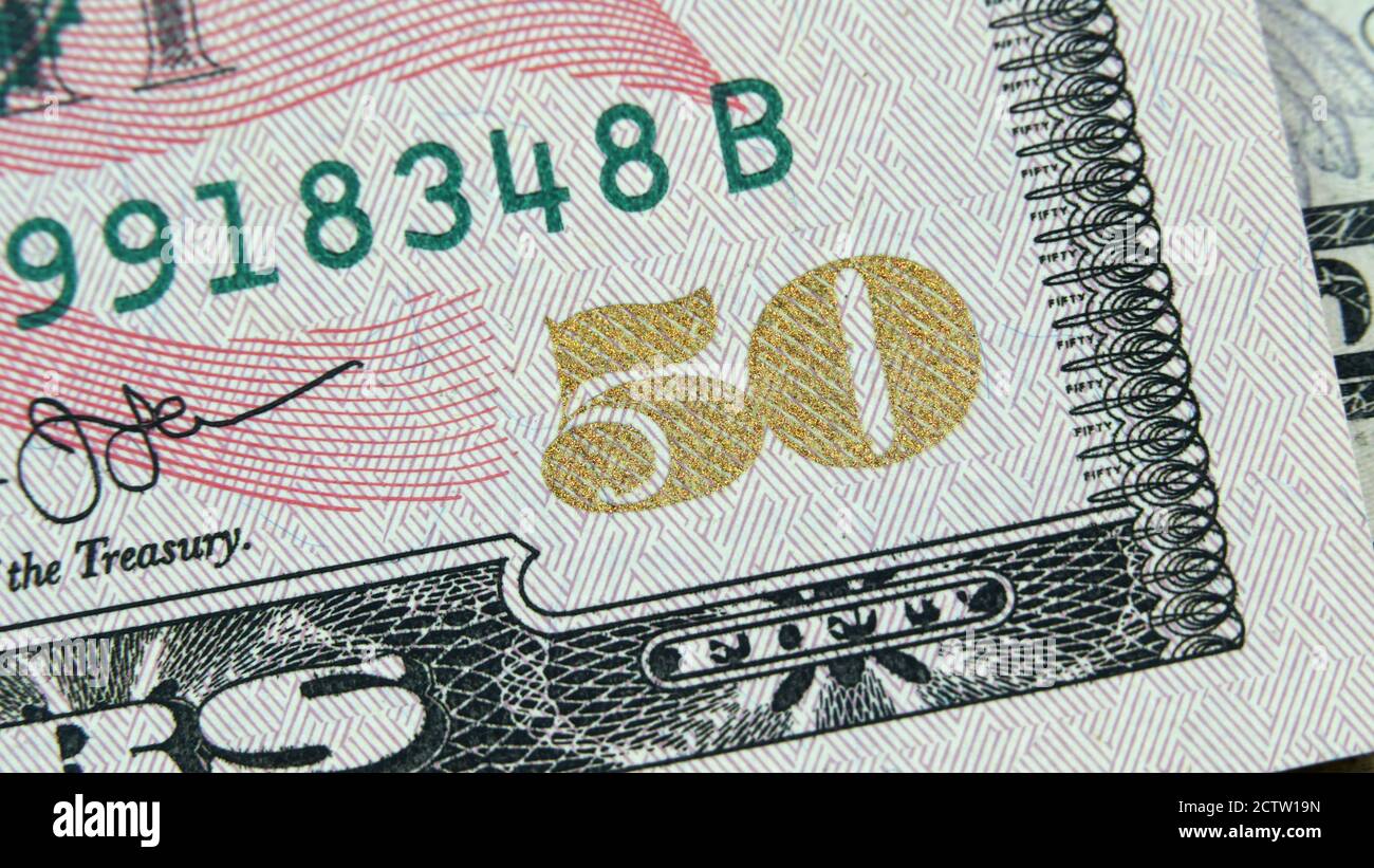 Element of American cash banknote 50 dollars. Macro photography Stock ...
