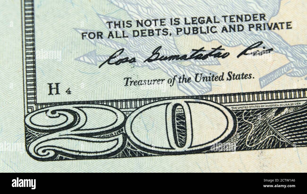 Element of American cash banknote 20 dollars. Macro photography Stock ...