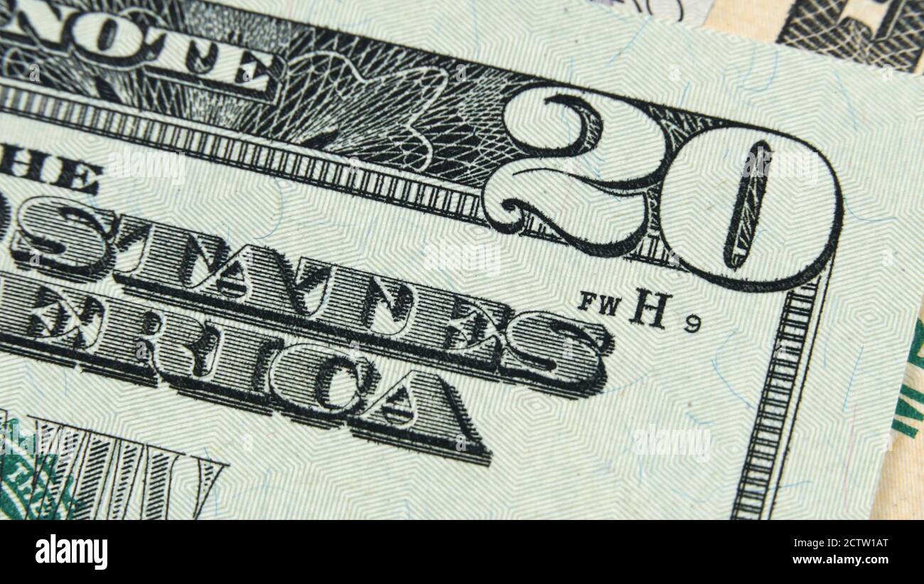 Element of American cash banknote 20 dollars. Macro photography Stock ...