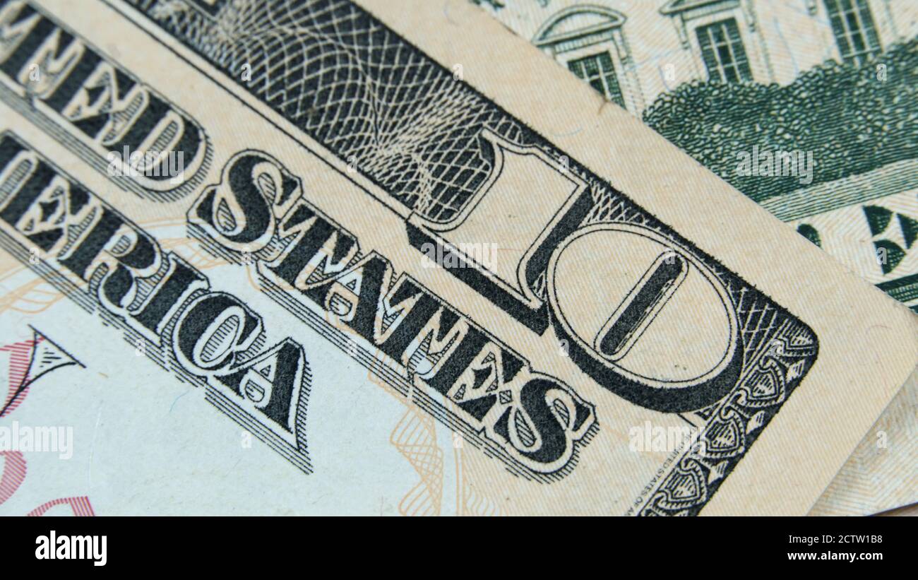 Element of American cash banknote 10 dollars. Macro photography Stock ...