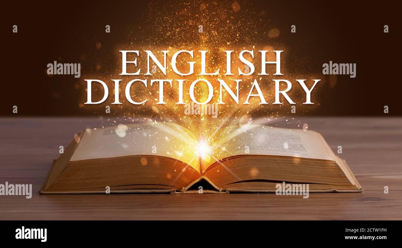ENGLISH DICTIONARY inscription coming out from an open book ...