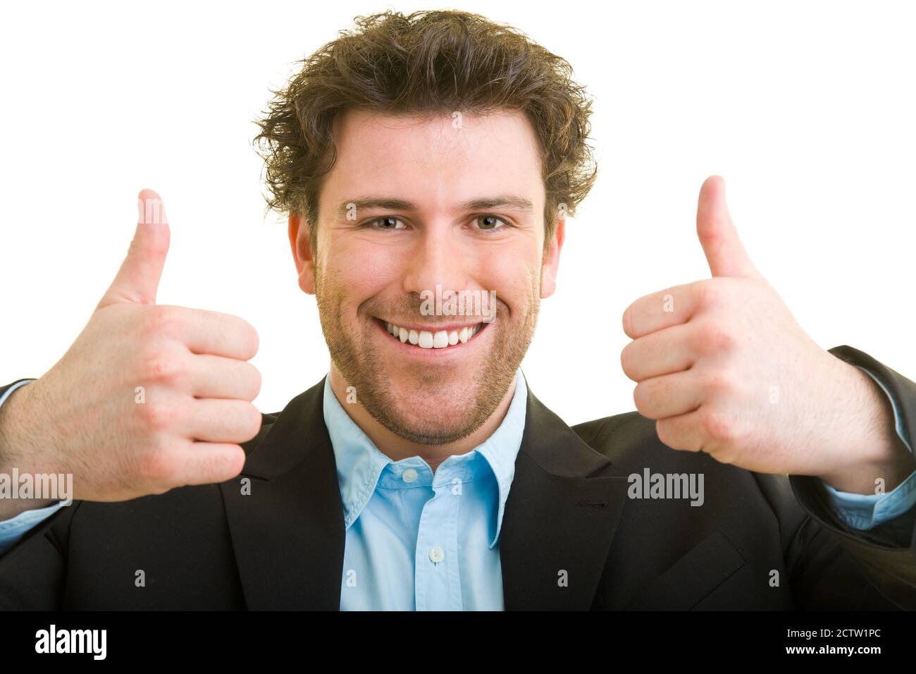 Young man in business attire shows both thumbs up Stock Photo - Alamy