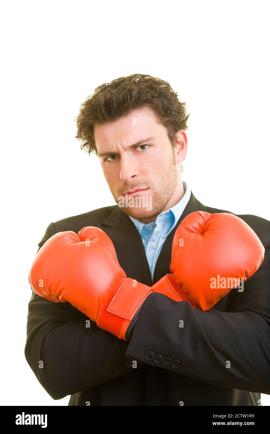 Young man in suit with red boxing gloves Stock Photo - Alamy