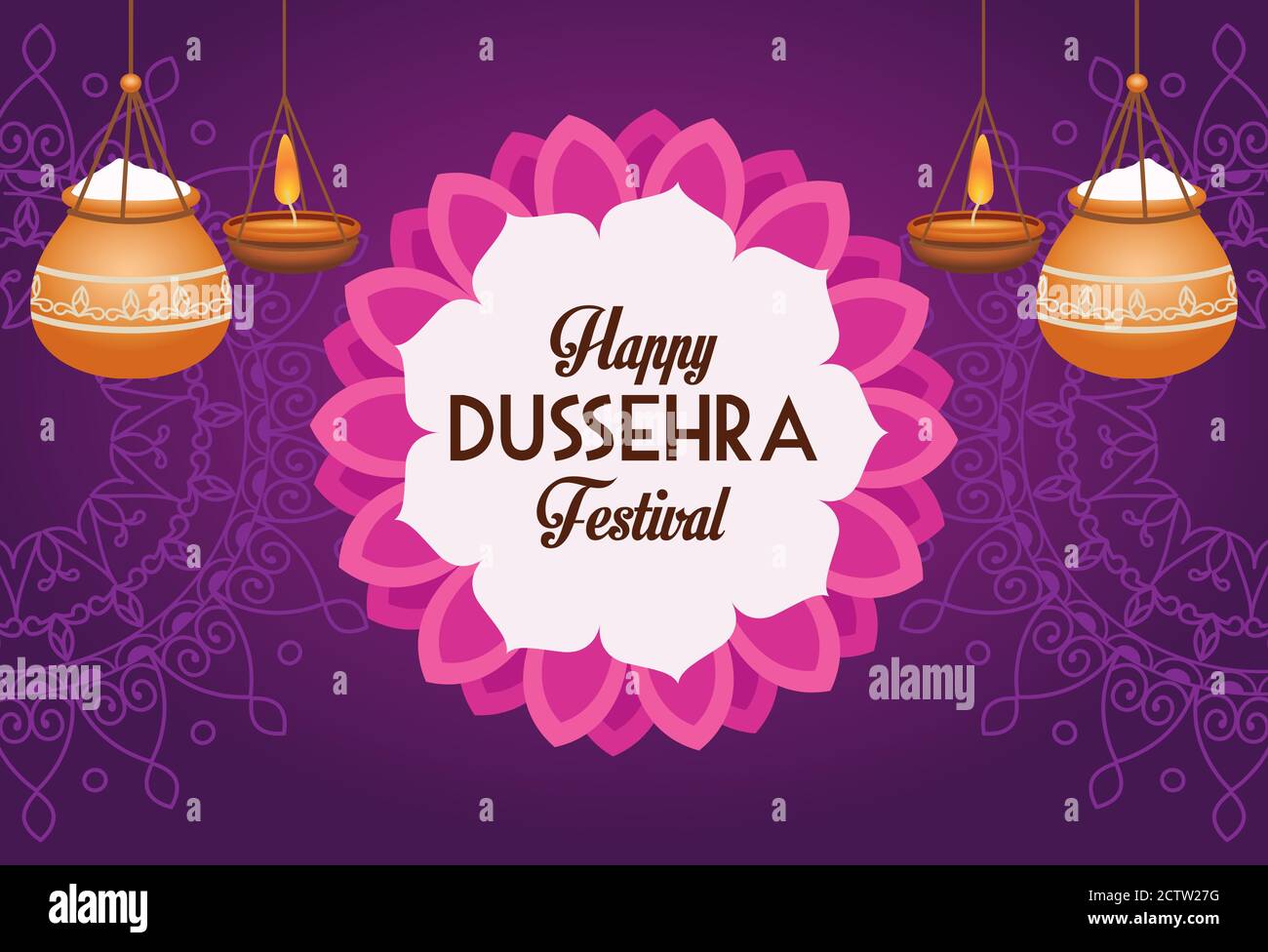 happy dussehra festival poster with ceramic pots hanging and lace ...