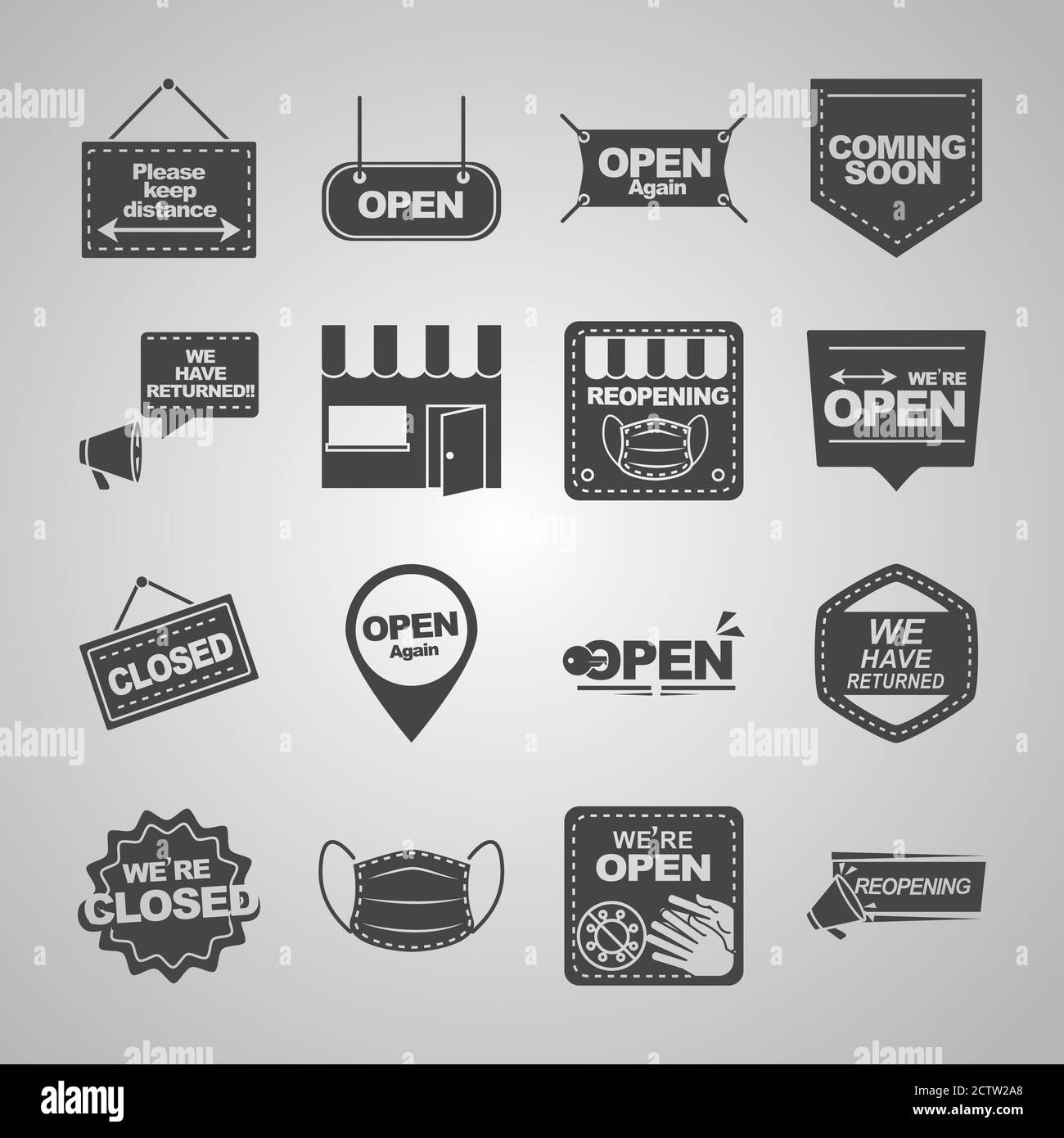 were open, welcome back, coming soon, stickers banner pack silhouette ...