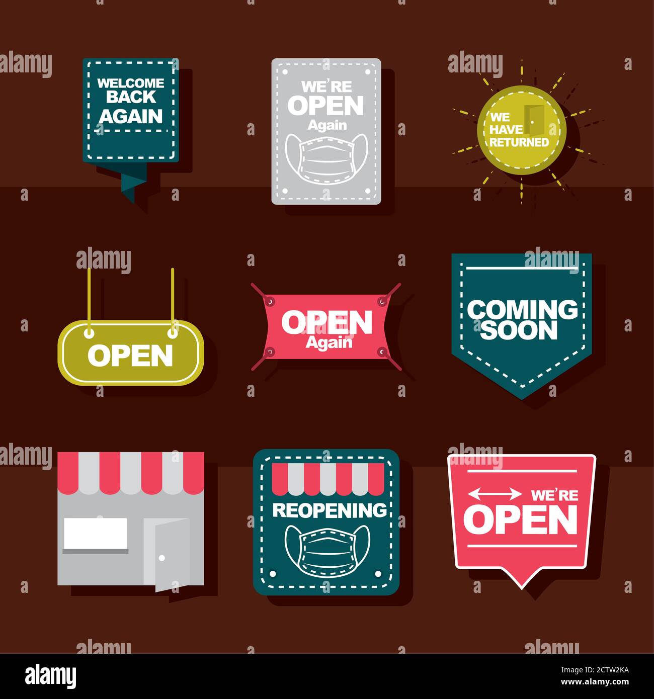 were open, welcome back, coming soon, stickers banner pack flat icons ...