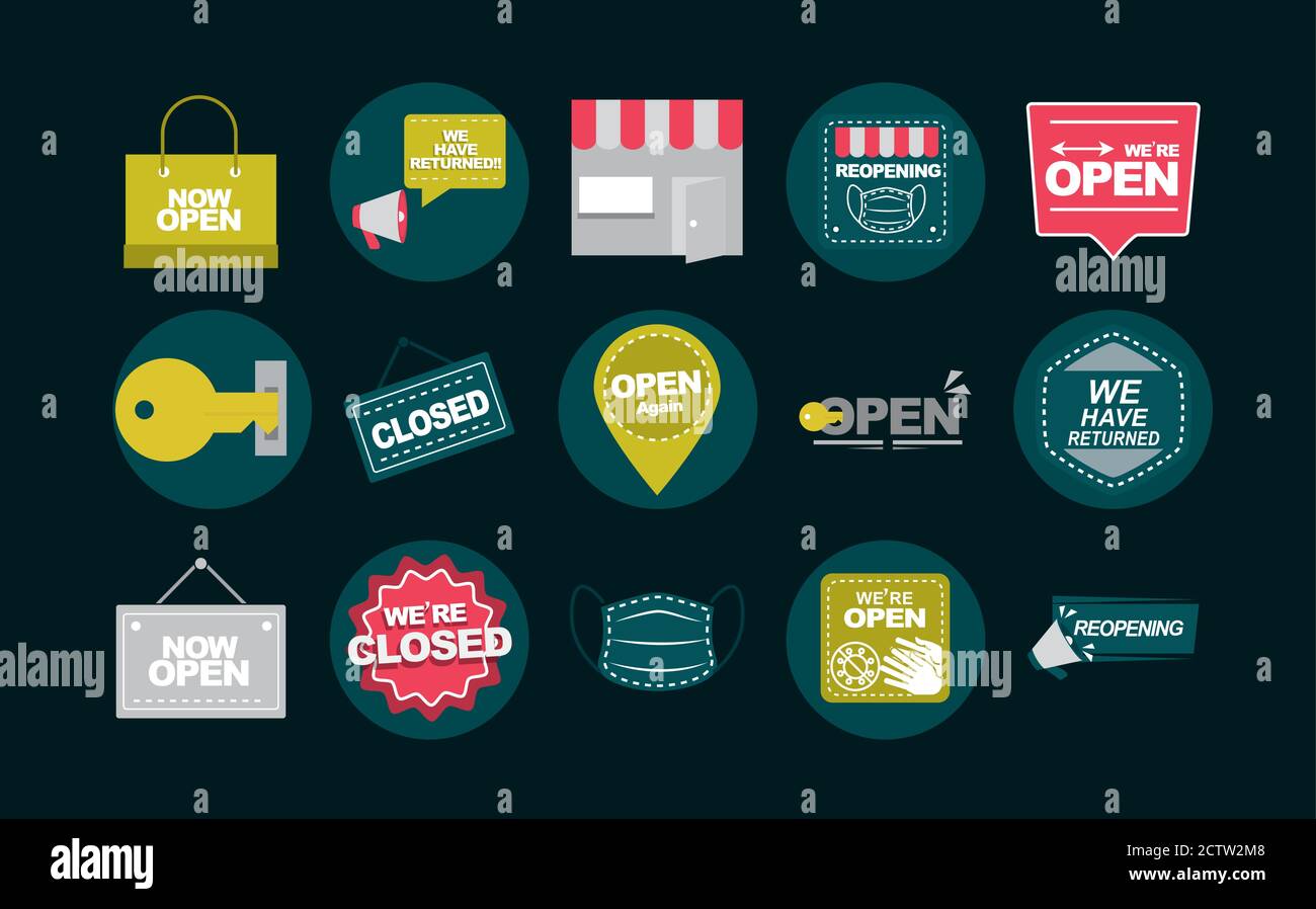 set of were open again text lettering key door, flat icons vector ...