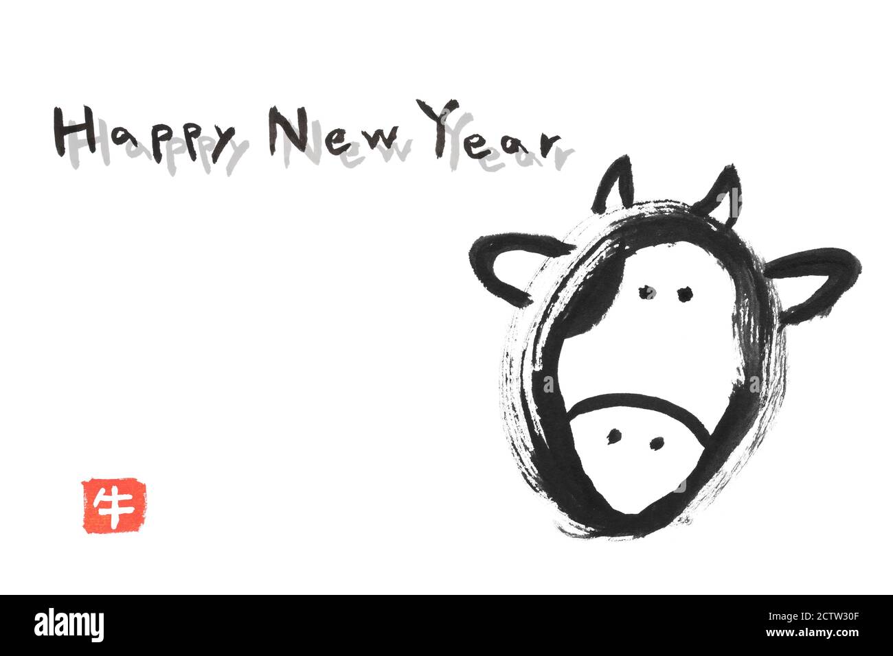 year of the ox, hand paint black ink stroke image on white background ...