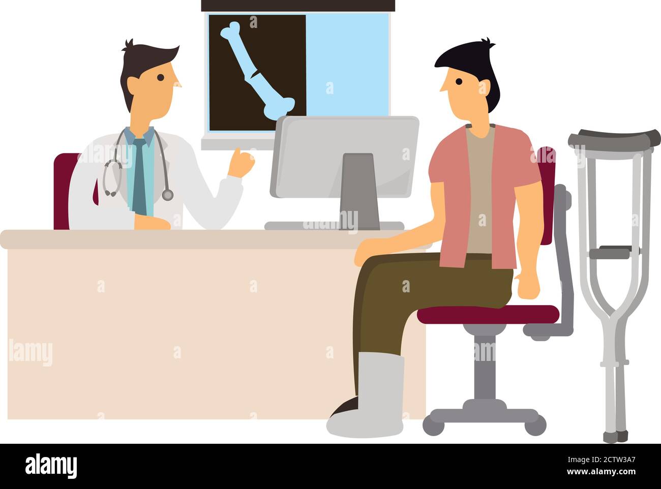 Doctor showing X-ray result to patient on his injured leg; Health care ...