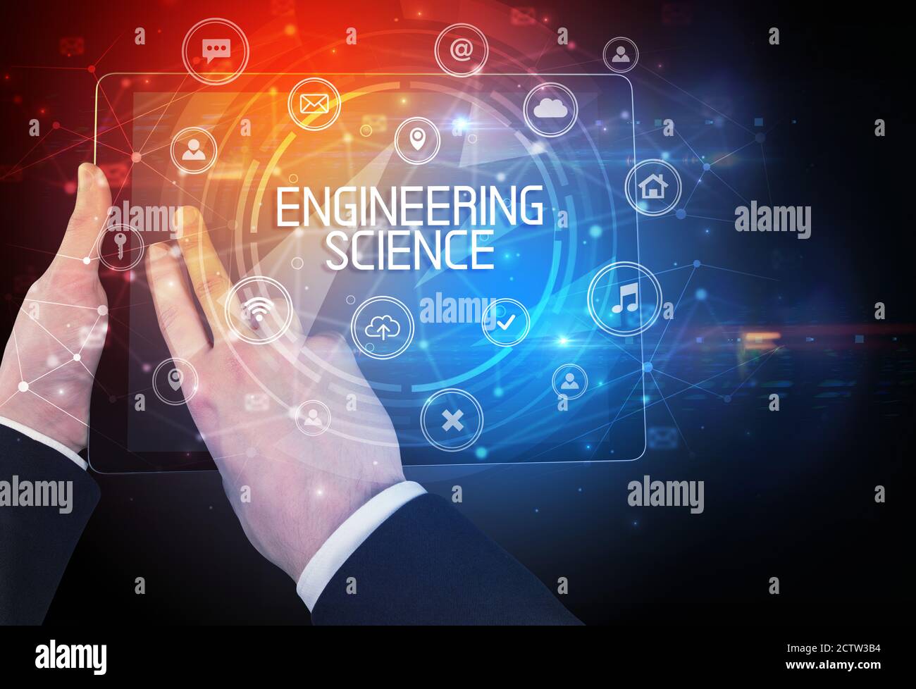 Close-up of a tablet with ENGINEERING SCIENCE inscription, innovative ...