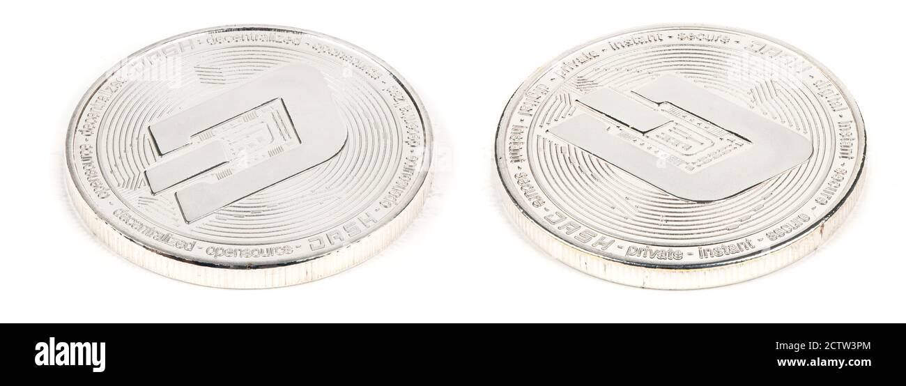 Face and back side of the crypto currency silver dash isolated on white ...
