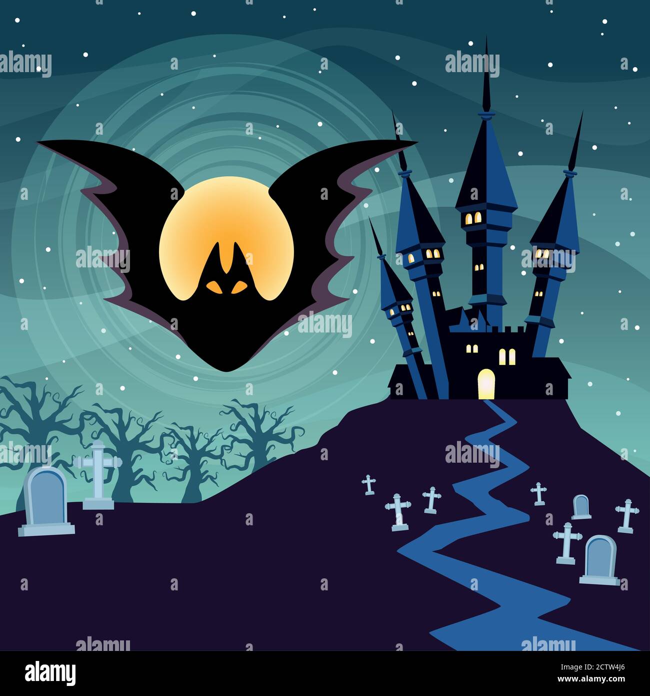 halloween bat flying and haunted castle vector illustration design ...