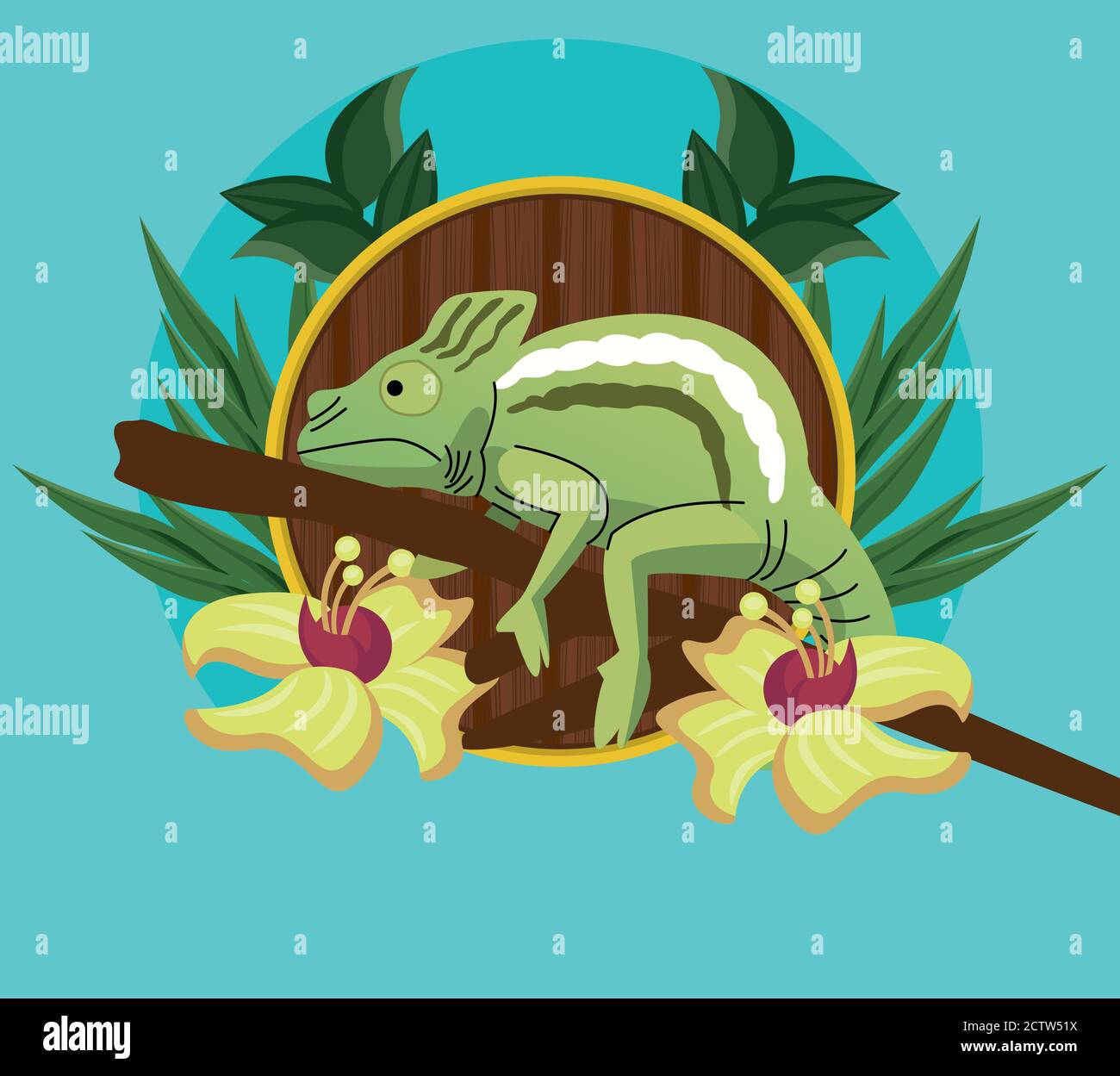 wild chameleon in circular frame with flowers vector illustration ...