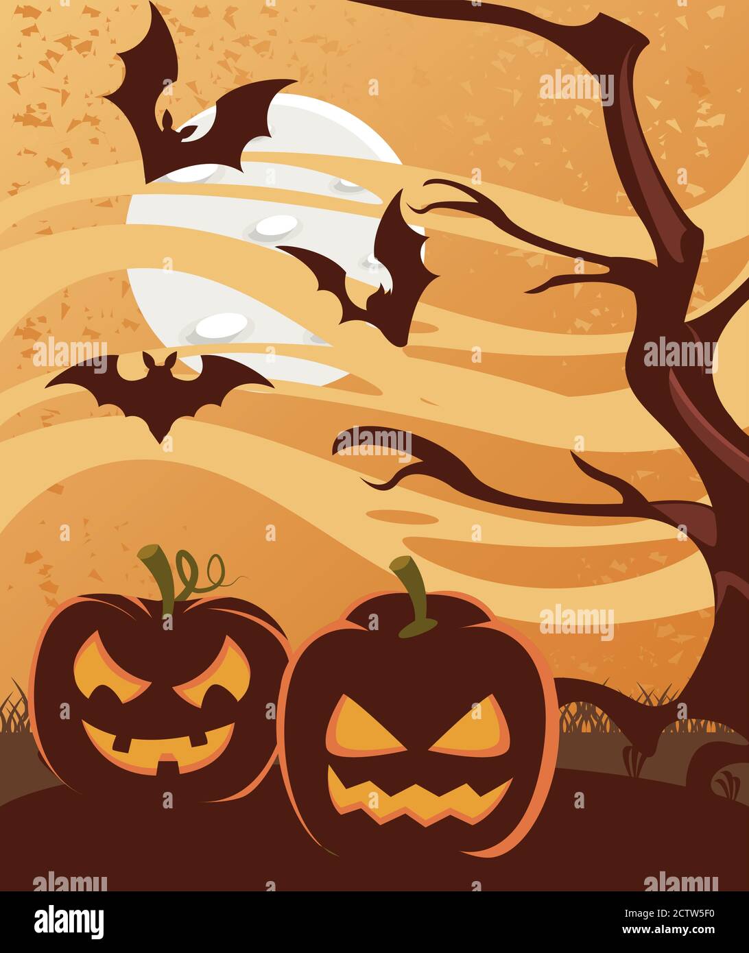 halloween bats flying and pumpkins scene vector illustration design ...