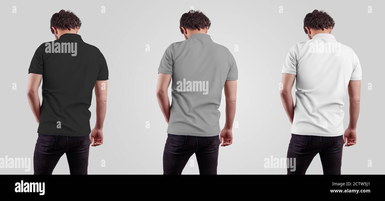 Men's t-shirt mockup on a man, back view, blank white, gray, black polo ...