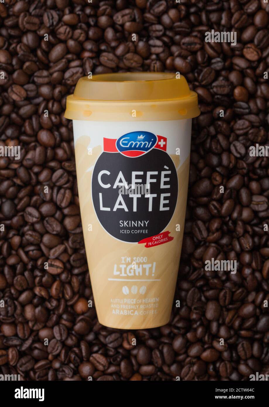 LONDON, UK - SEPTEMBER 09, 2020: Plastic cup of Emmi Caffe Latte skinny ...