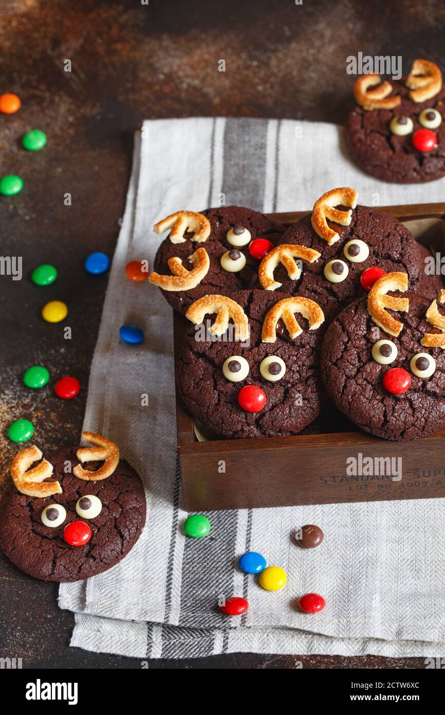 Reindeer cookies with candy red nose in the wooden box. Christmas ...