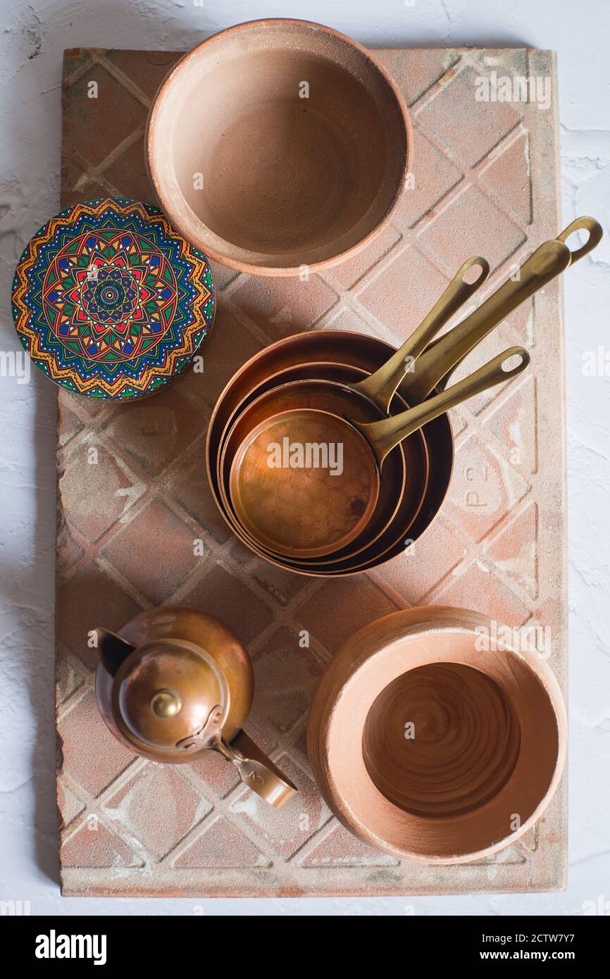 Copper utensils. Vintage copper cookware - cocottes, creamer and ...