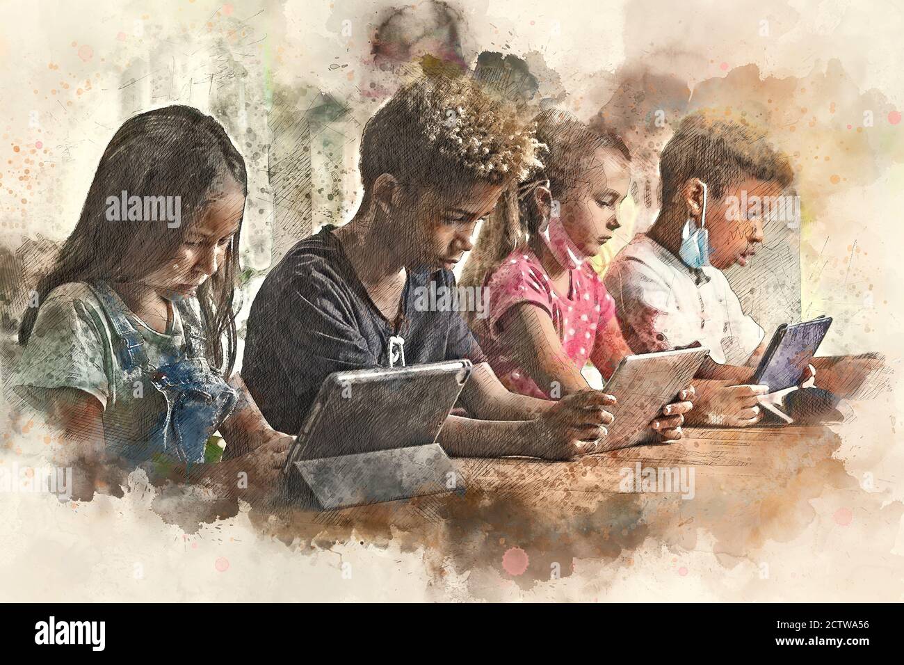 Digital watercolor image four diverse kids pulling down facemasks sit ...