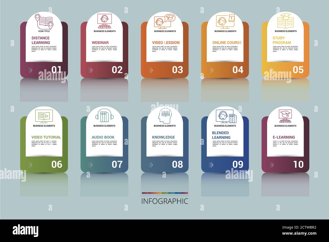 Infographic E-Learning template. Icons in different colors. Include ...