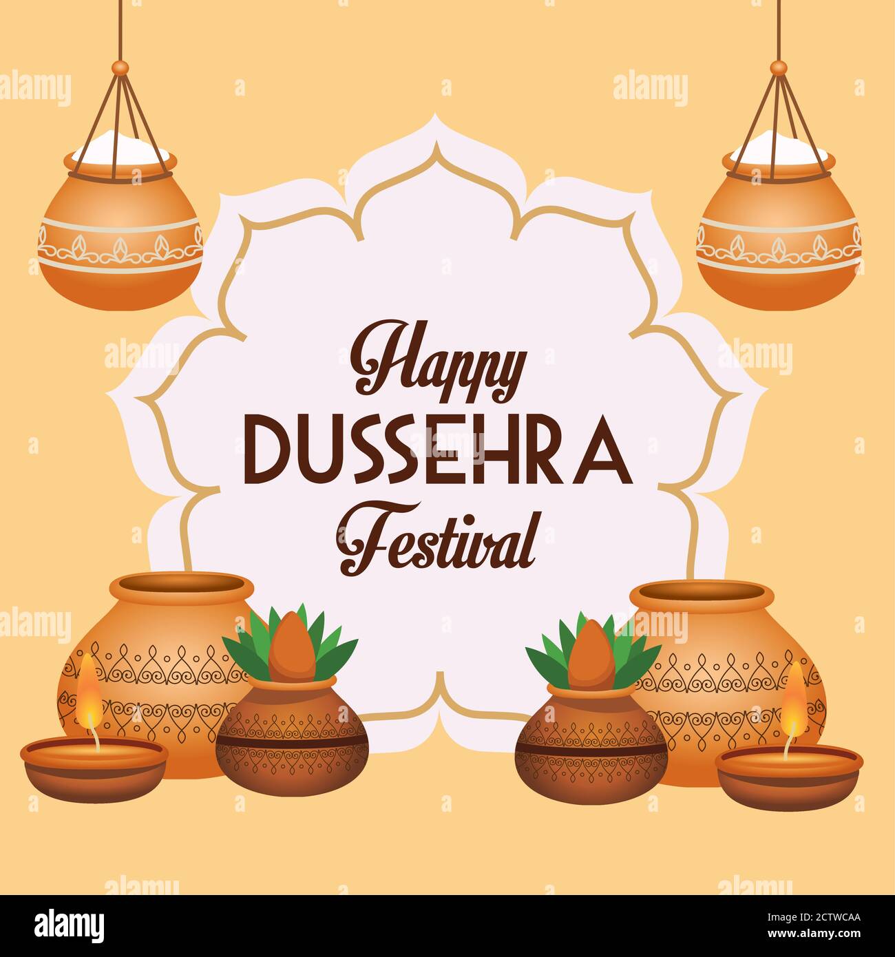 happy dussehra festival poster with ceramic pots and floral frame ...