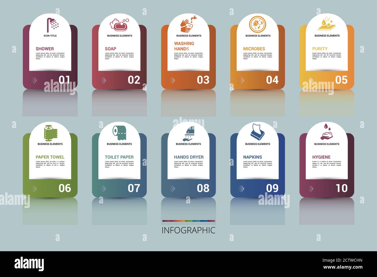 Infographic Hygiene template. Icons in different colors. Include Shower ...