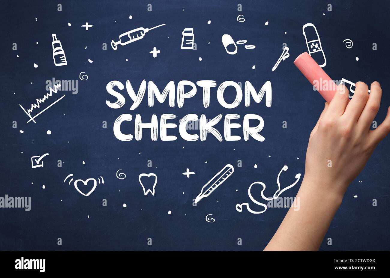 Hand drawing SYMPTOM CHECKER inscription with white chalk on blackboard ...