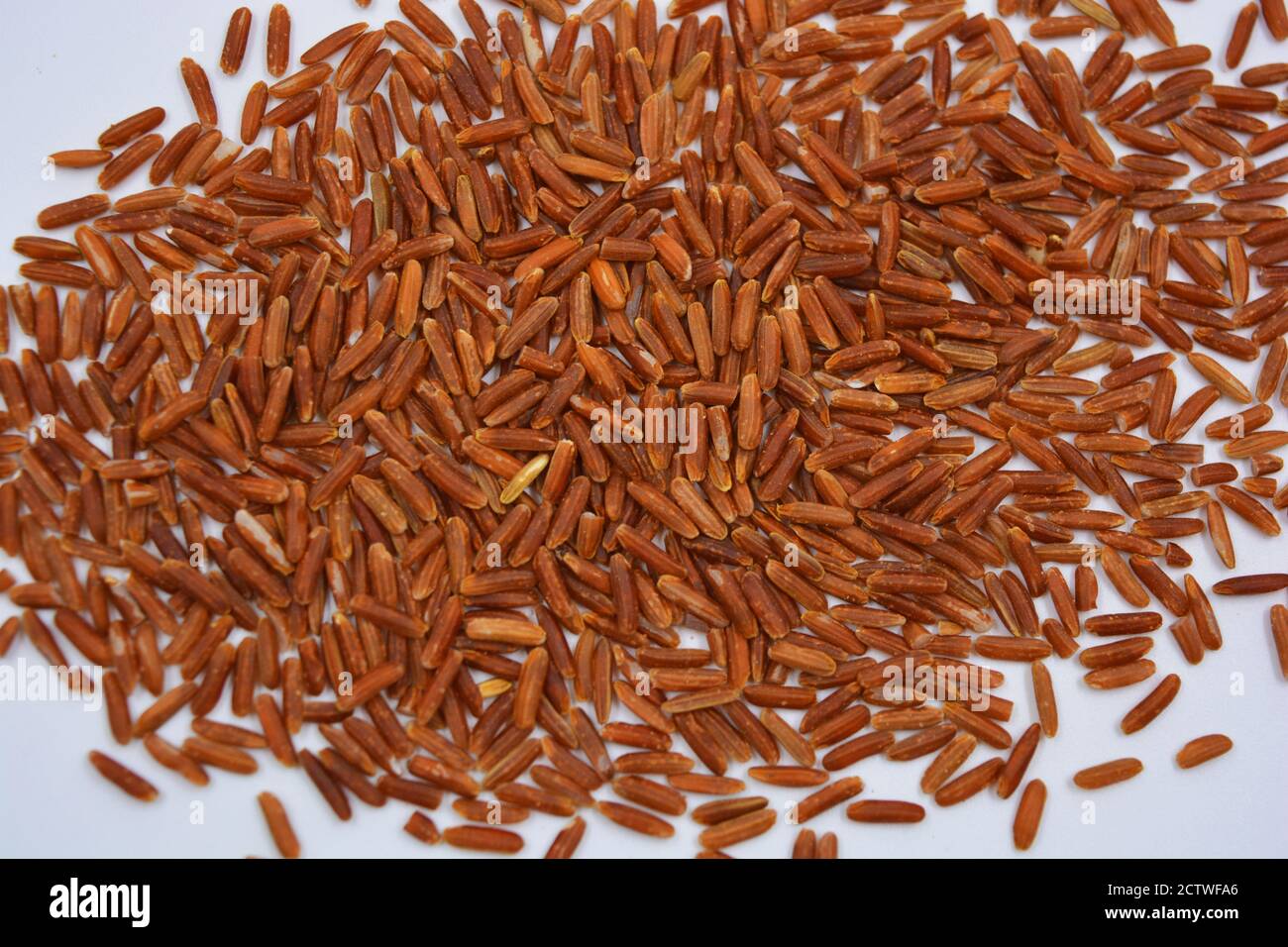 Delicious and healthy red long wild rice sprinkled on a white plate ...