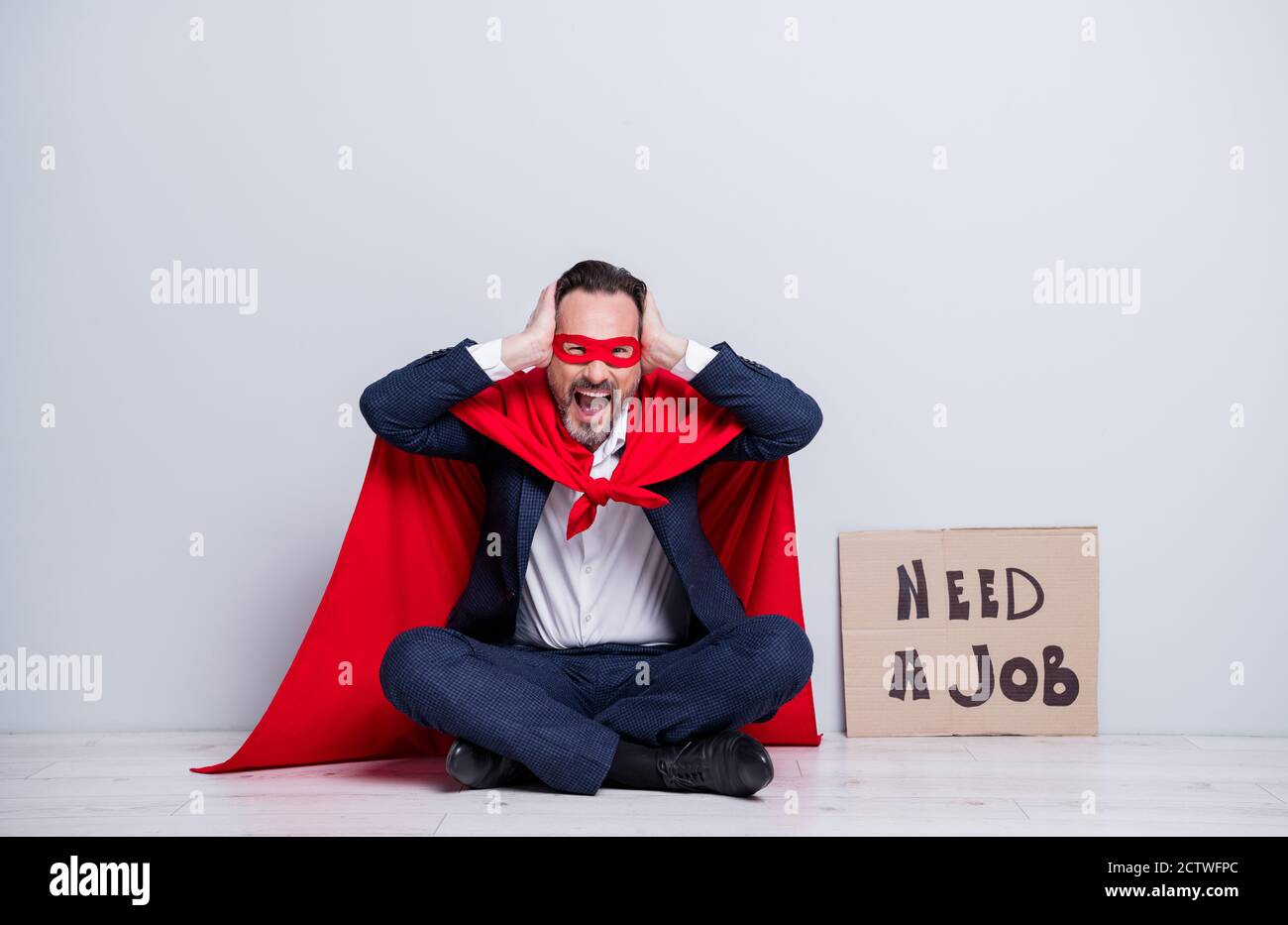 Full body photo of stressed crazy mature fired business guy superhero ...