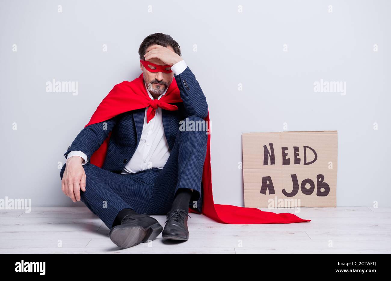 Full length photo of stressed mature aged fired business guy super hero ...
