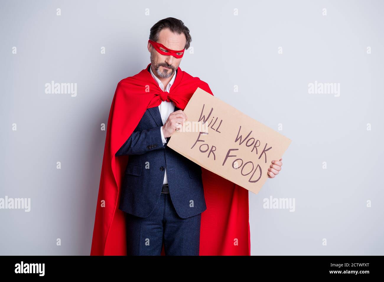 Photo of stressed beggar mature dismissed business guy super hero ...