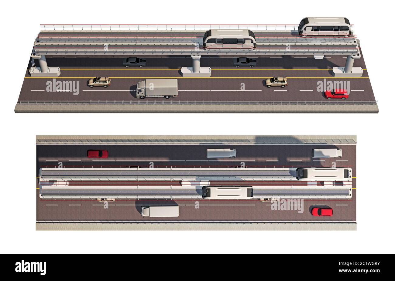 piece of road with overground subway isolated on white top view. 3d ...