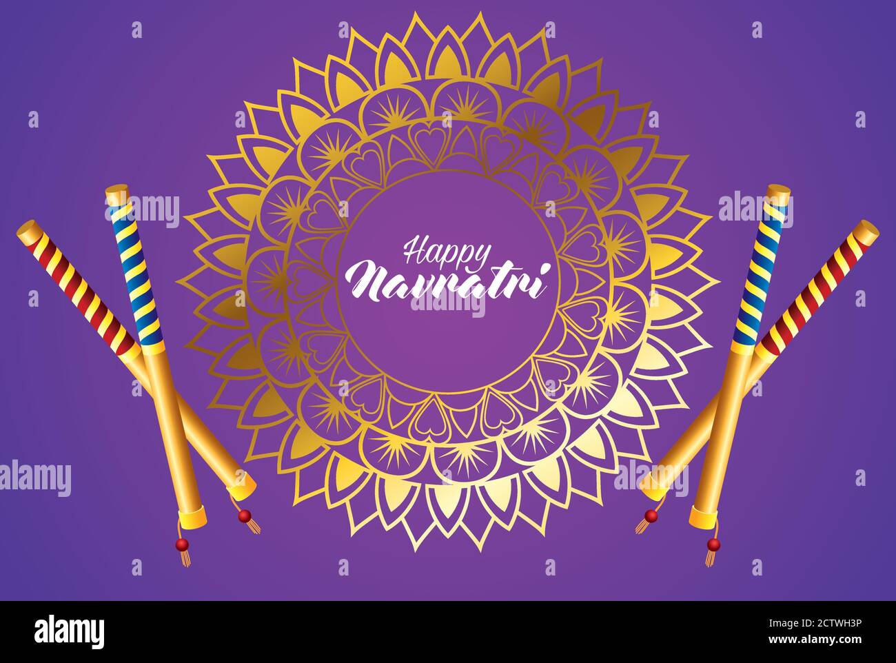 happy navratri celebration card with sticks and golden mandala vector ...