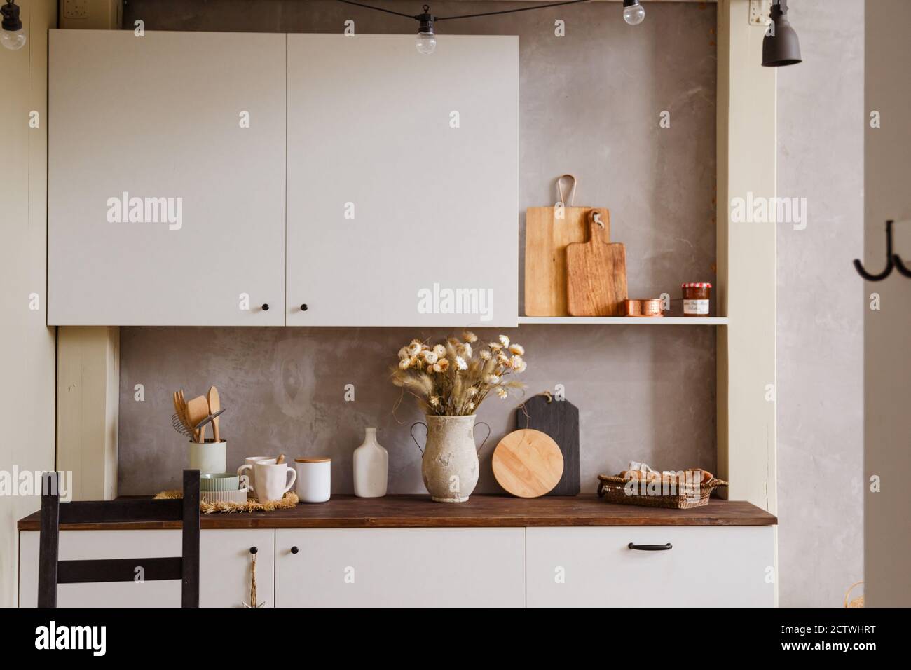 White rustic kitchen interior Stock Photo - Alamy