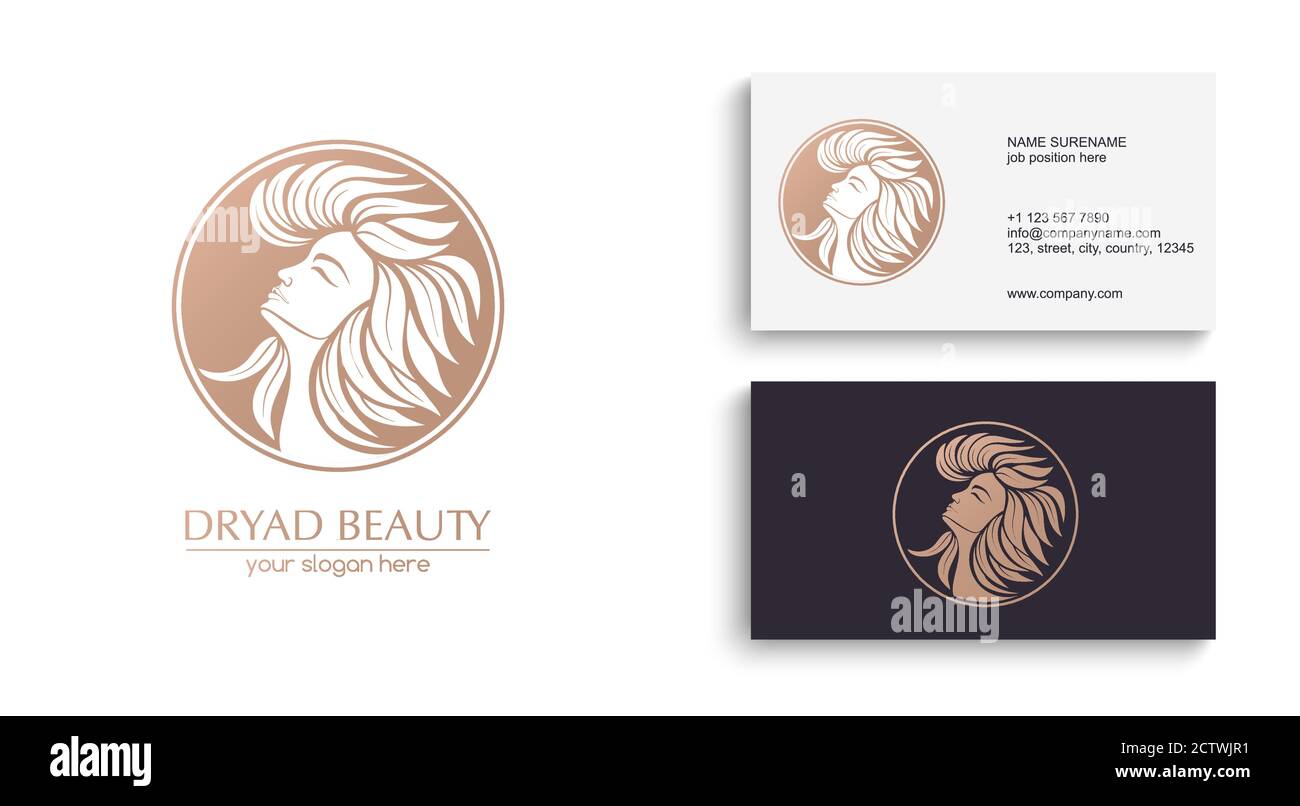 Dryad. Female face logo in profile with leaf hair. Emblem for a beauty ...