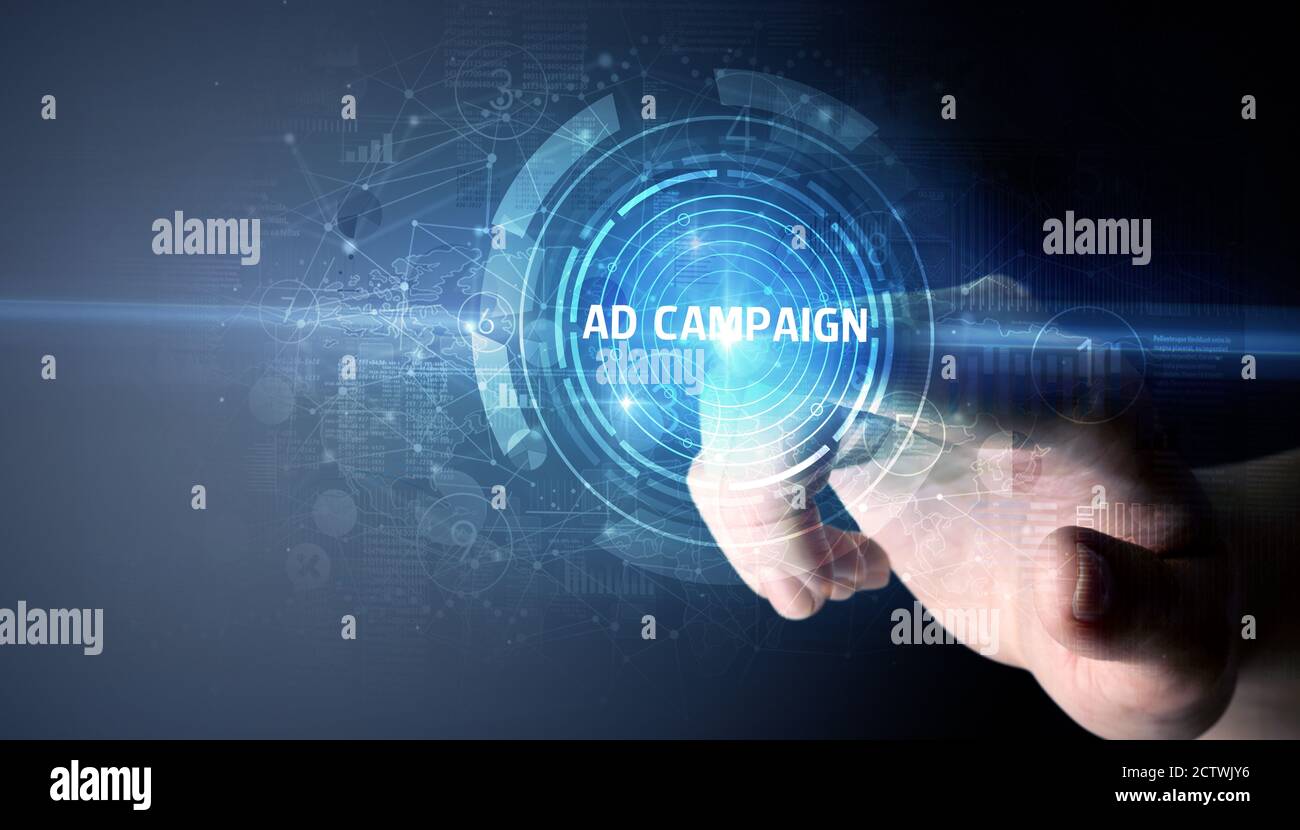 Hand touching AD CAMPAIGN button, modern business technology concept ...