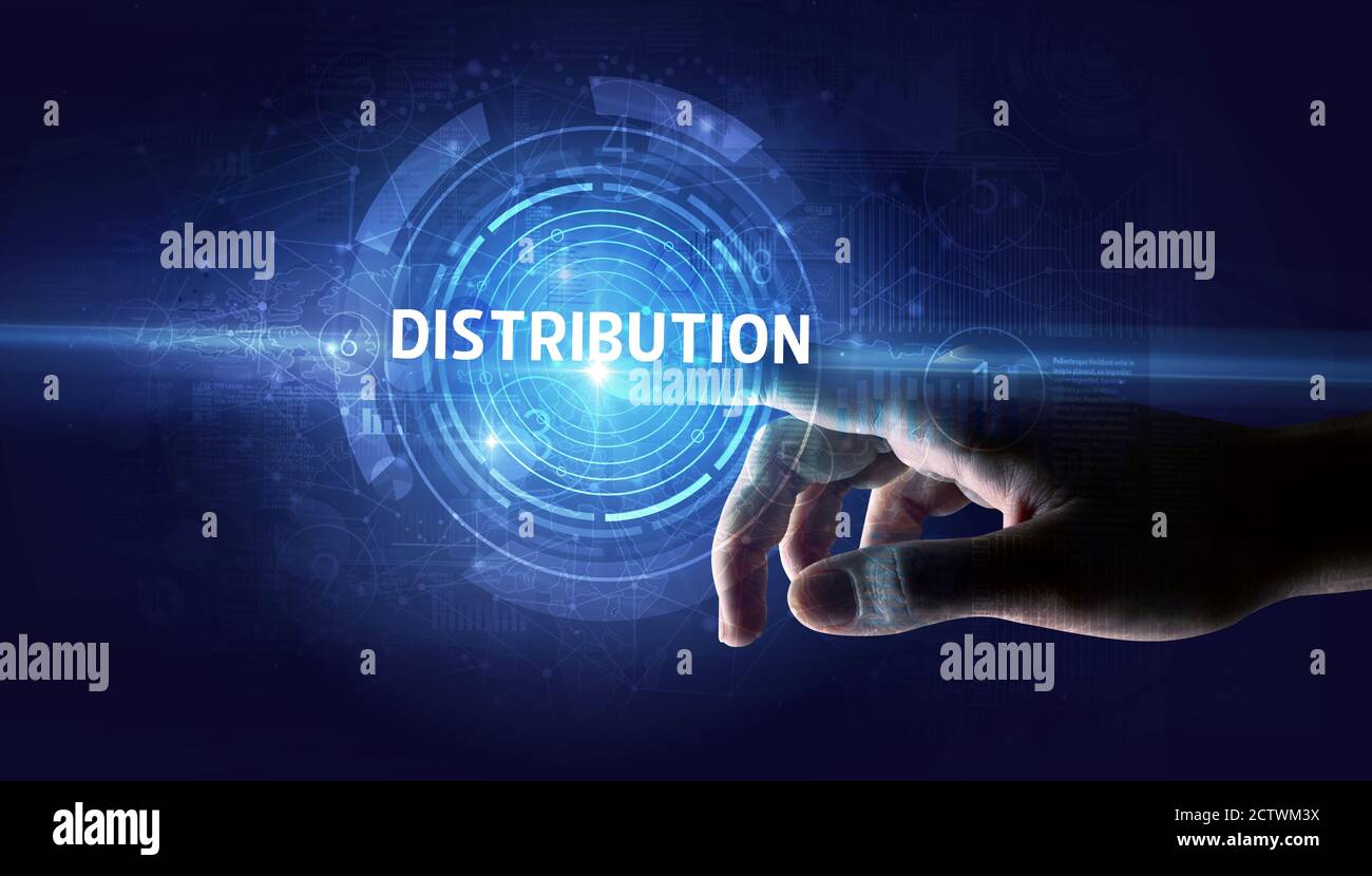 Hand touching DISTRIBUTION button, modern business technology concept ...