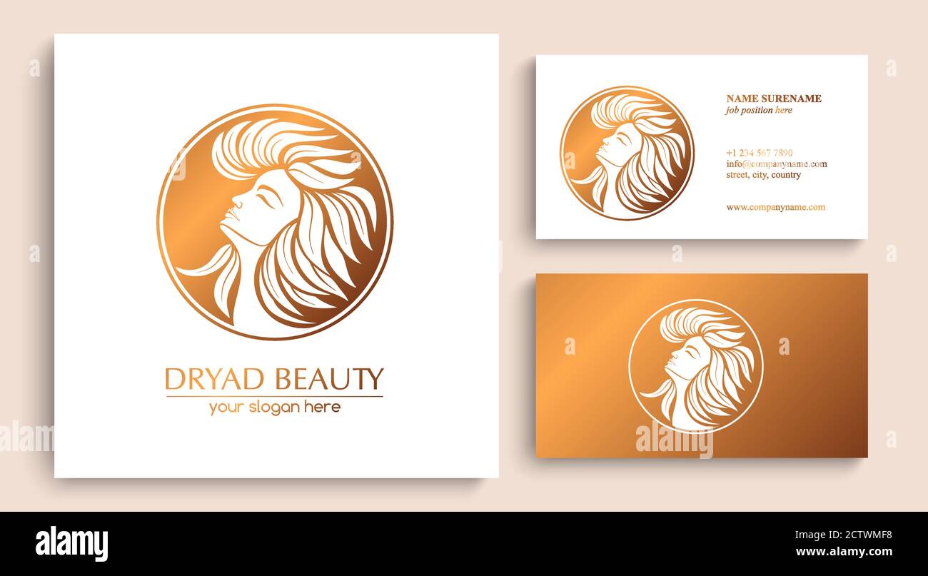 Dryad. Female face logo in profile with leaf hair. Emblem for a beauty ...